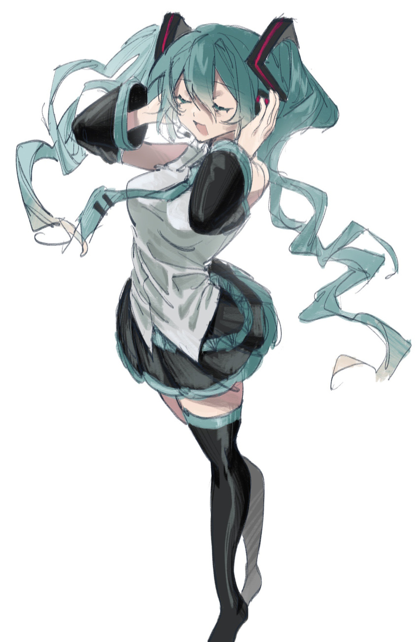 Safebooru - 1girl aqua hair aqua necktie aqua trim black boots black gloves black skirt boots ...