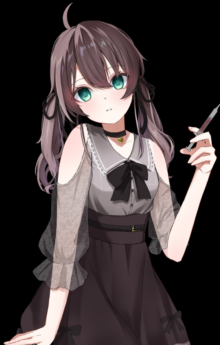 Safebooru - 1girl ahoge belt black belt black choker black ribbon blank eyes brown hair choker ...