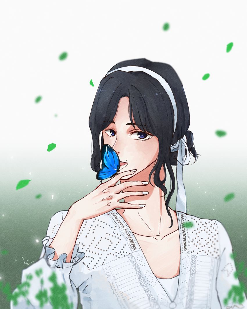 Safebooru - 1girl black hair blue butterfly blue eyes bug butterfly butterfly on hand chinese ...