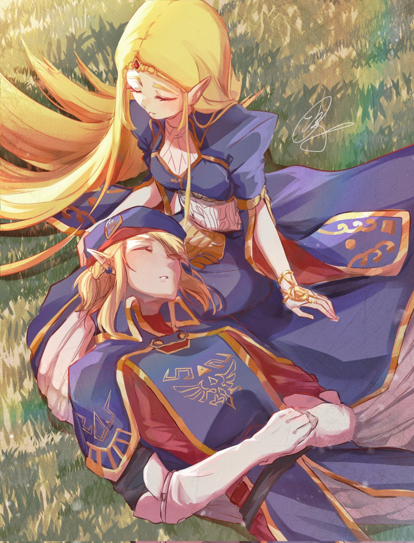 Safebooru - 1boy 1girl belt beret blonde hair blue dress blue hat bridal gauntlets closed eyes ...