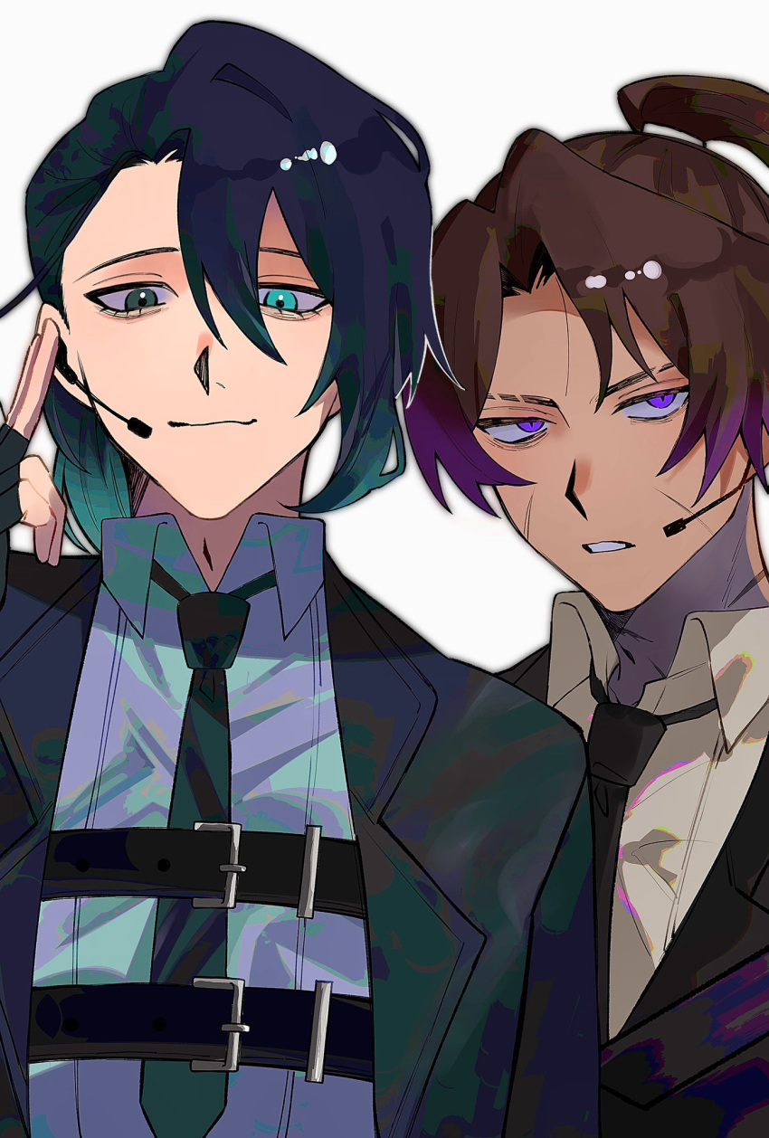 Safebooru - 2boys aqua eyes black coat black gloves black hair black jacket black necktie brown ...