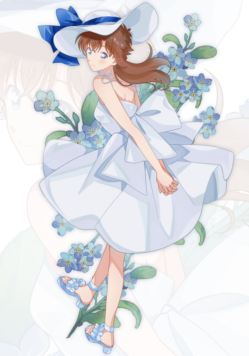 Safebooru - 1girl absurdres arms behind back blue eyes blue flower blue ribbon brown hair closed ...