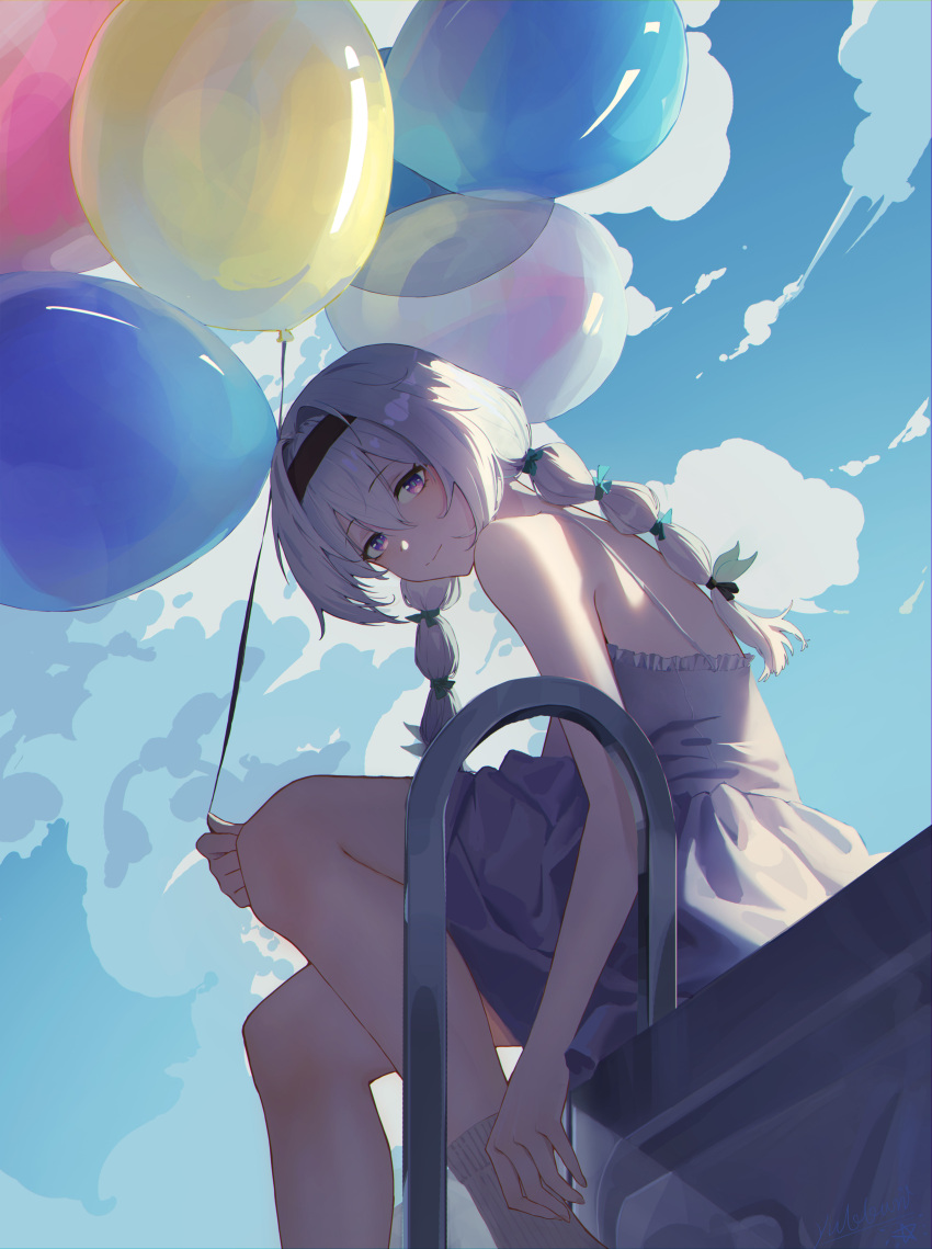 Safebooru - 1girl absurdres balloon black hairband braid closed mouth clouds cloudy sky dress ...