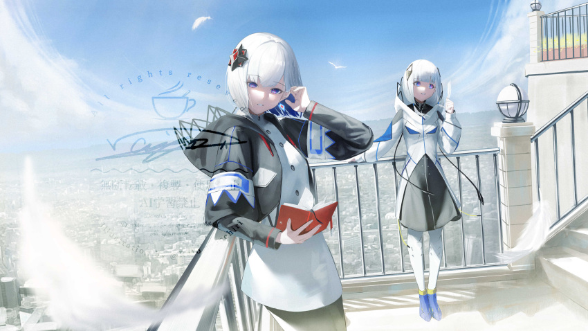 Safebooru - 2girls absurdres bird blue eyes book buttons cevio ...