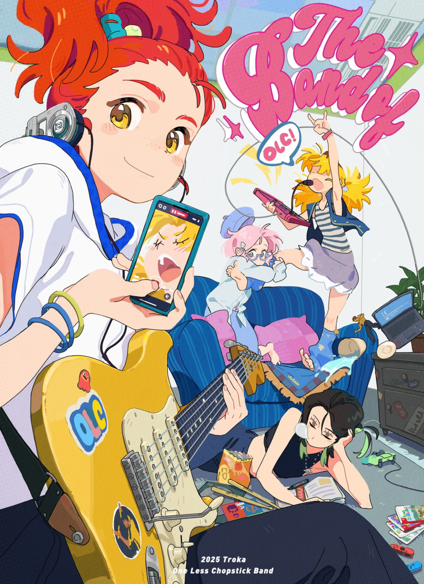 Safebooru - 4girls black hair blonde hair bracelet electric guitar ...