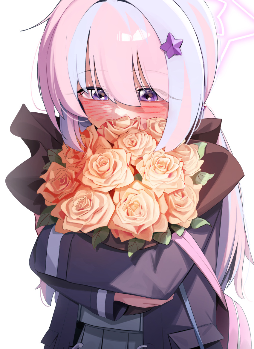 Safebooru - 1girl absurdres black jacket blue archive blue hair blush bouquet flower grey shirt ...