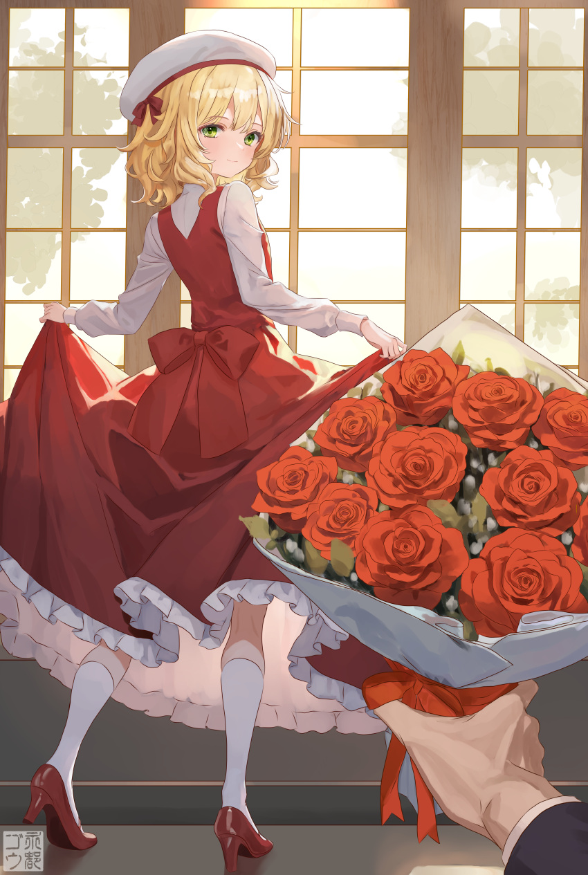 Safebooru - 1boy 1girl absurdres beret blonde hair blush bouquet dress flower go 8yo green eyes ...