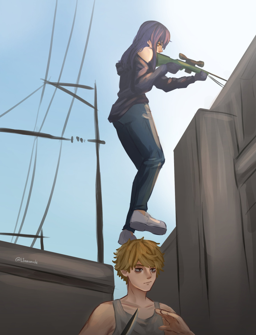 Safebooru - 1boy 1girl absurdres black gloves black hair blonde hair blue pants blue sky ...