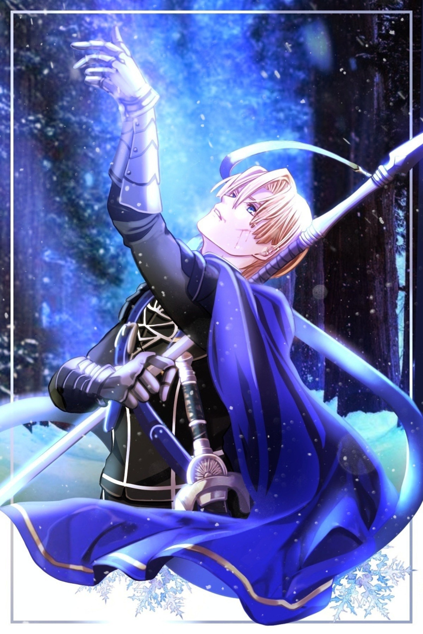 Safebooru - 1boy arm up armored gloves belt belt buckle black shirt blonde hair blood blood on ...