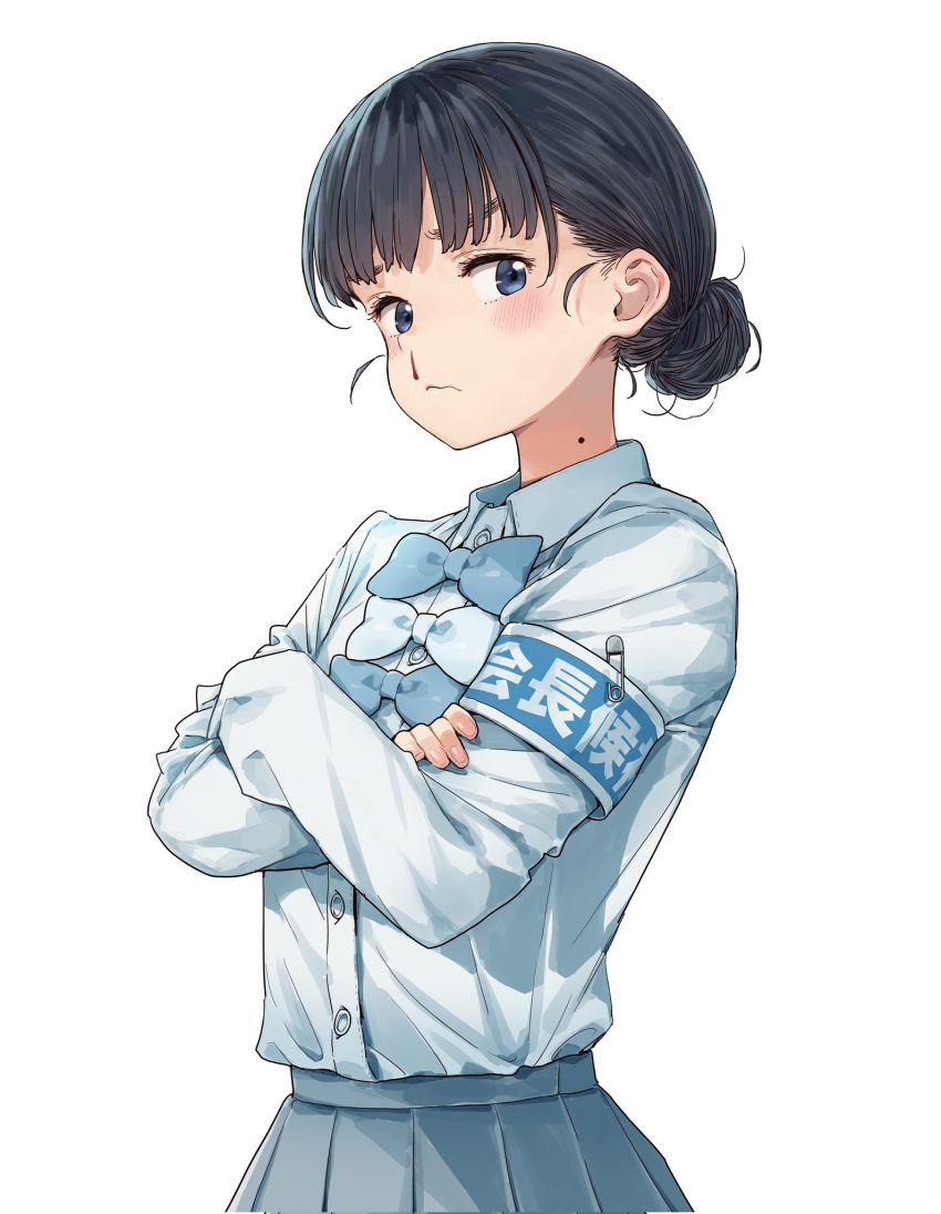 Safebooru - 1girl :t basori tiara black hair blue bow blue bowtie blue eyes blunt bangs blush ...