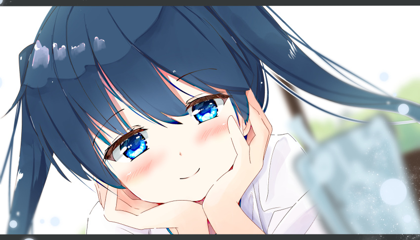 Safebooru - 1girl blue eyes blue hair blurry blurry background blush closed mouth depth of field ...
