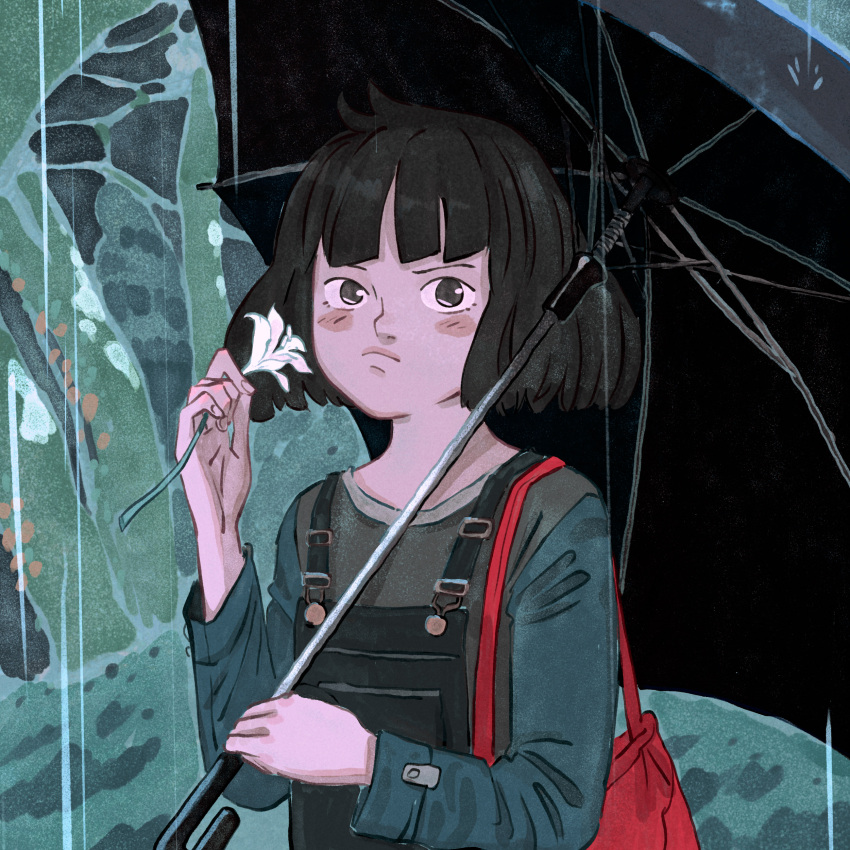 Safebooru - 1girl absurdres aymeric kevin bag black eyes black hair blunt bangs closed mouth ...