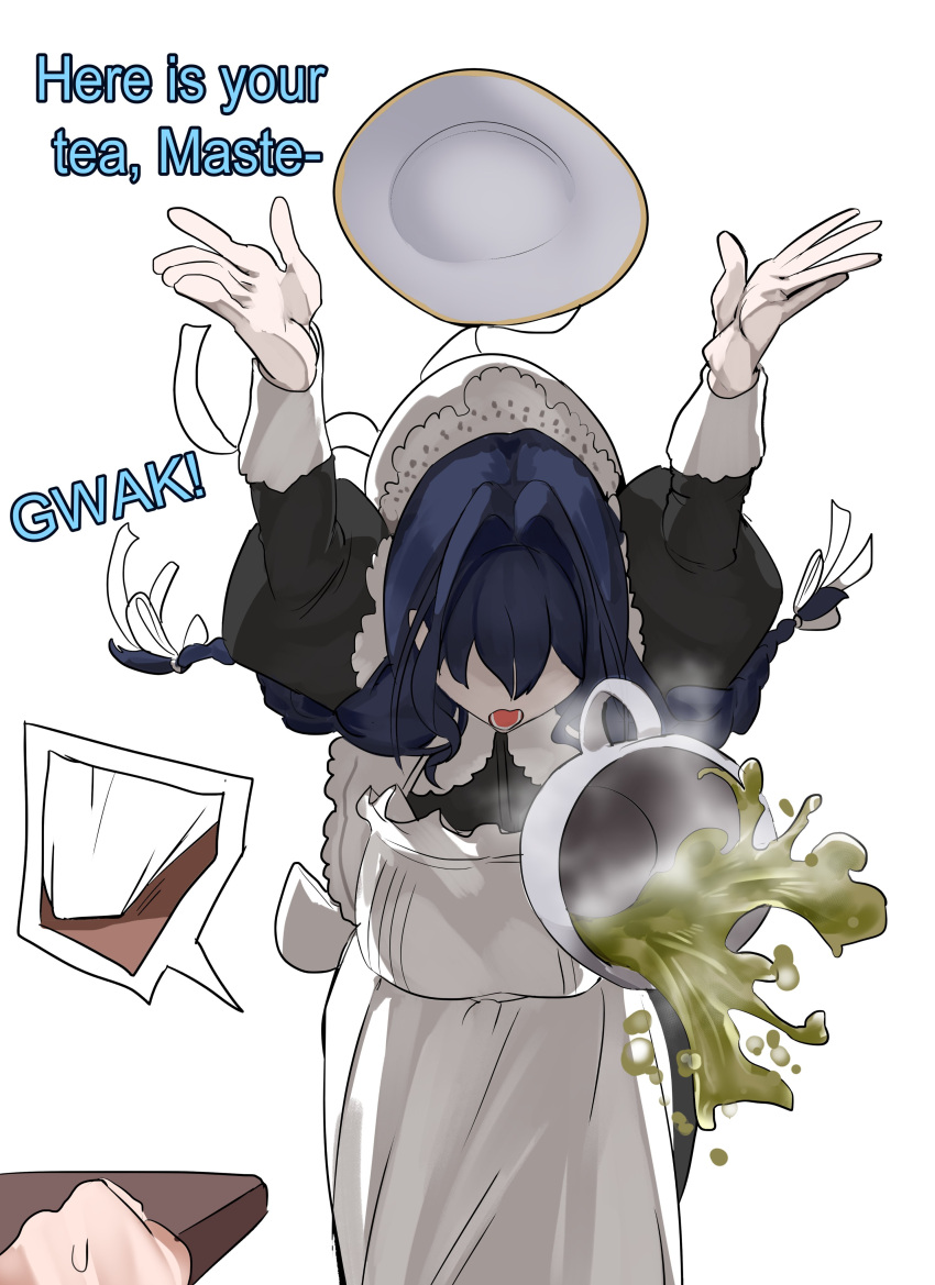 Safebooru - 1girl 1other absurdres apron black dress blue hair braid cup dress english ...