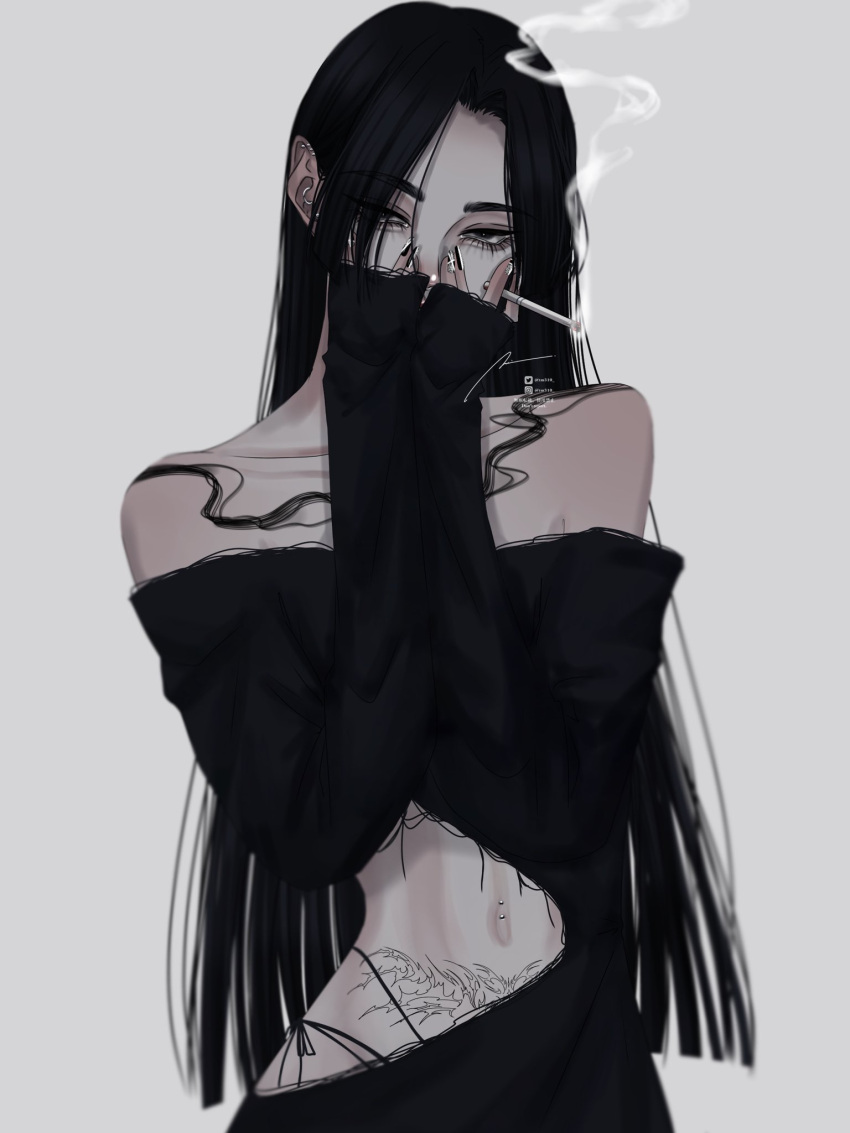 Safebooru - 1girl black dress black hair black nails chest tattoo dress ear piercing glasses ...
