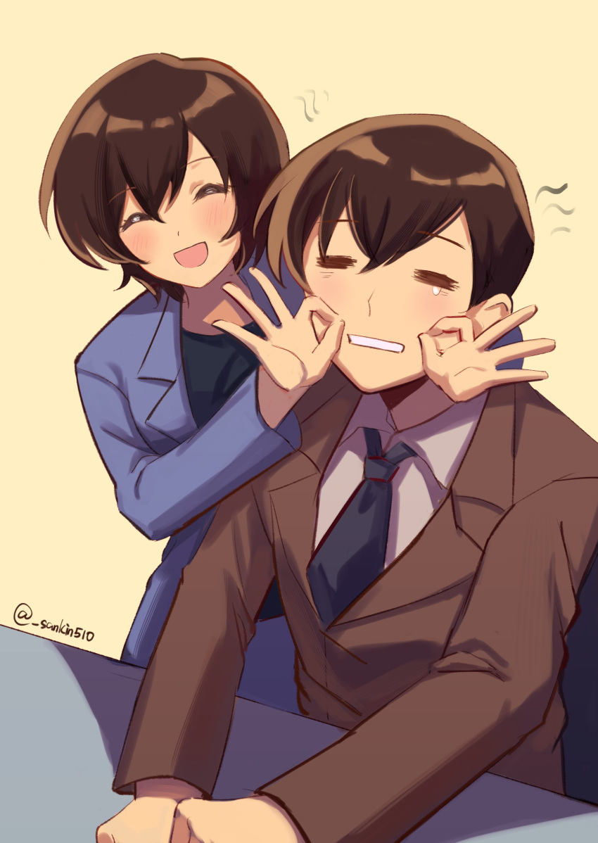 Safebooru - 1boy 1girl :d = = ^ ^ absurdres black necktie black skirt blue jacket blush brown ...