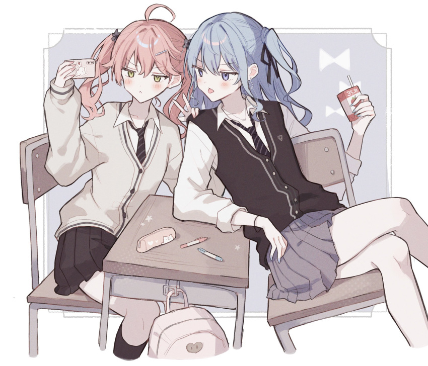 Safebooru - 2girls :p ahoge alternate costume blue eyes blue hair blush ...