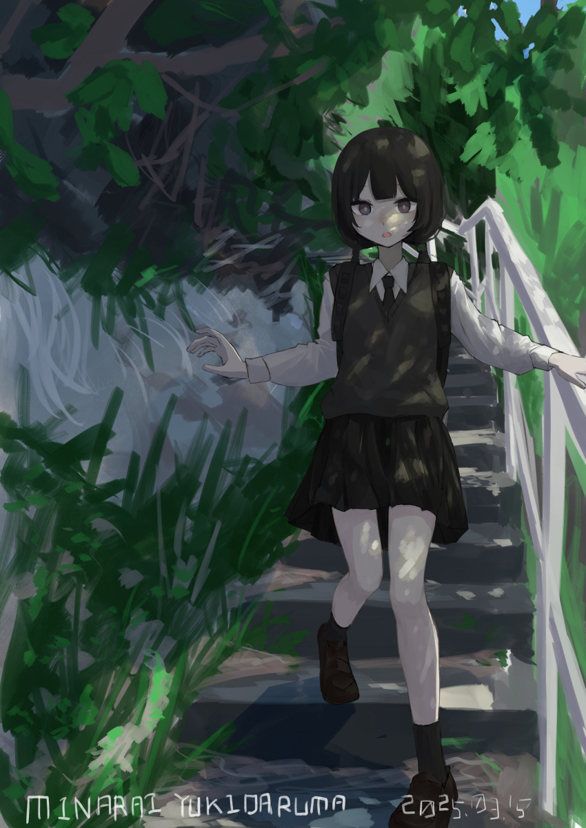 Safebooru - 1girl absurdres artist name black hair black necktie black skirt brown shoes ...