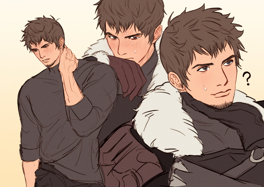 Safebooru - 1boy ? ardbert hylfyst arm up armor black shirt blush brown eyes brown gloves brown ...