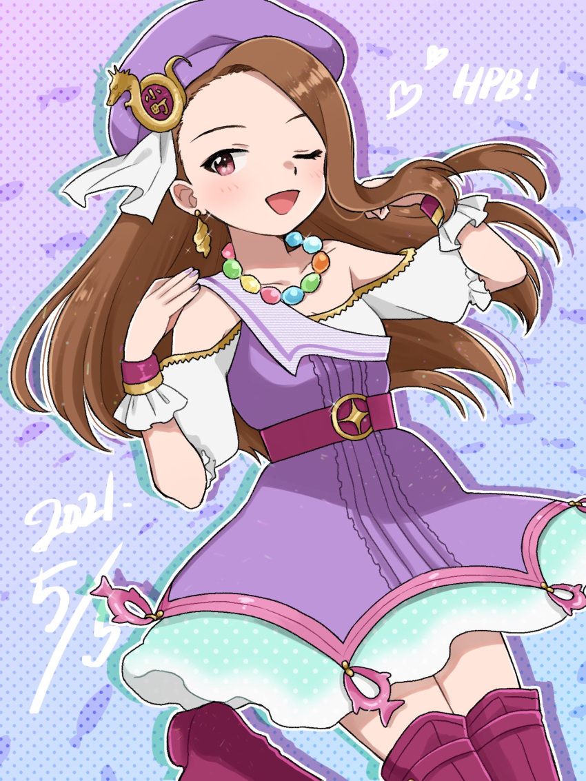 Safebooru - 1girl 2021 ;d bare shoulders bead necklace beads beret boots brown hair center ...