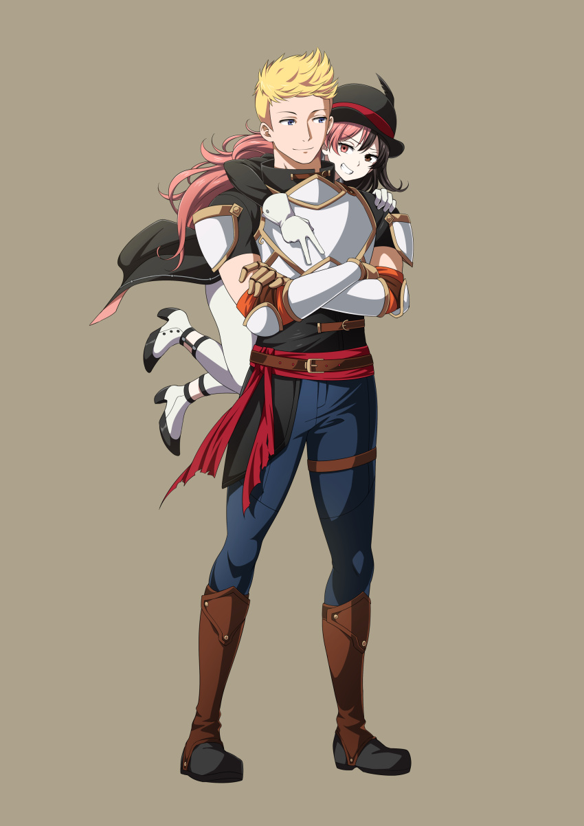 Safebooru - 1boy 1girl absurdres arm around neck arm around shoulder armor belt black shirt ...