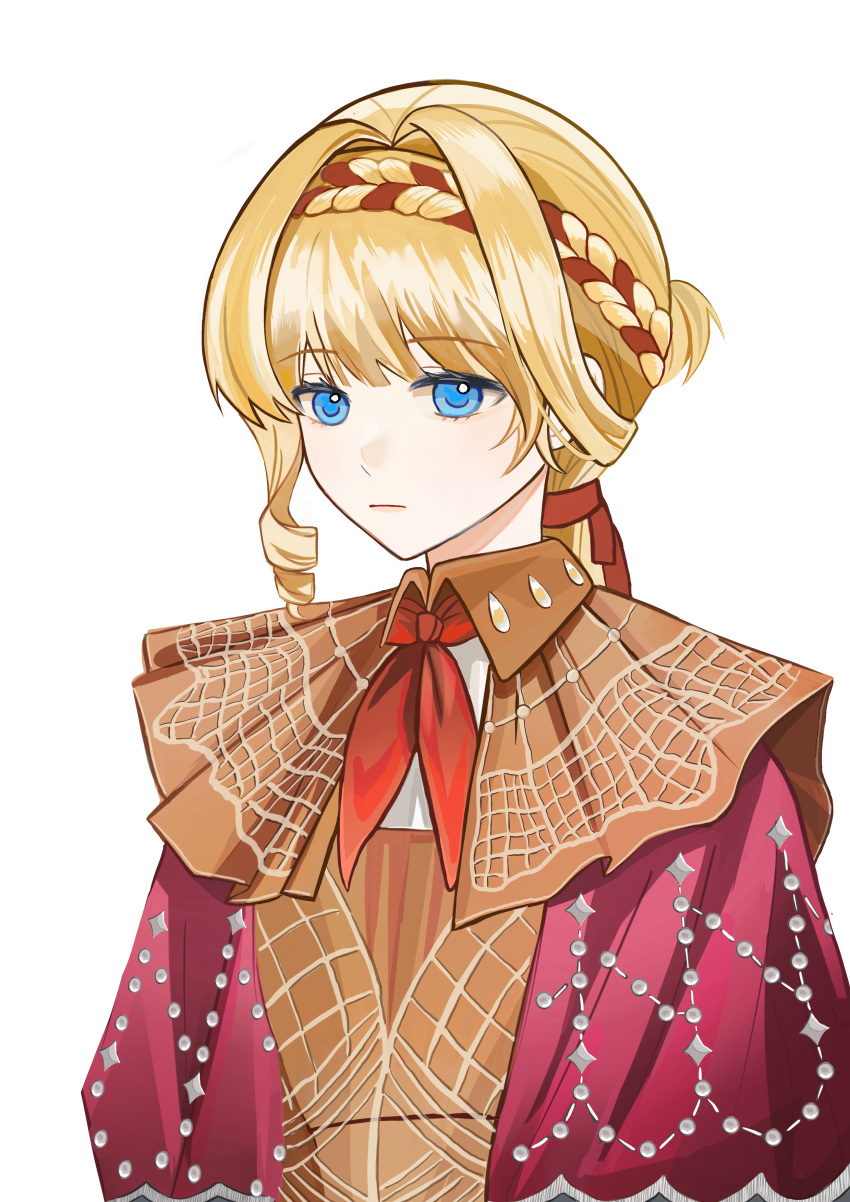 Safebooru - 1girl :| absurdres blonde hair blue eyes braid braided bangs brown dress cloak ...