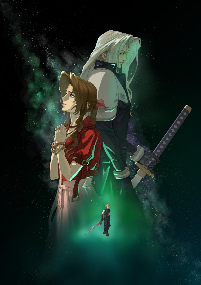 Safebooru - 1girl 2boys aerith gainsborough aqua eyes armor baggy pants bangle belt black coat ...