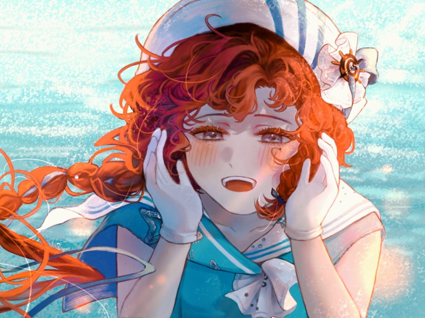 Safebooru - 1girl :d barcarola (reverse:1999) blue eyes blue shirt blush ciaosalut dixie cup hat ...