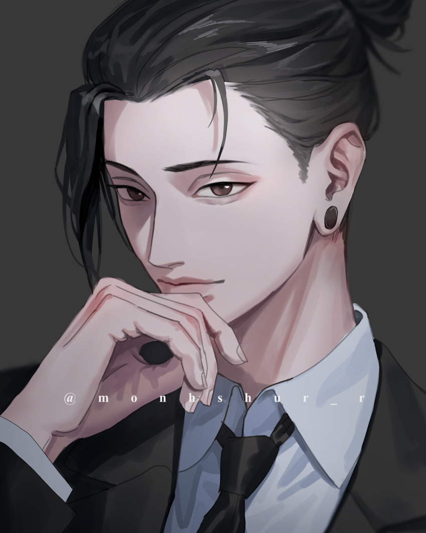Safebooru - 1boy black hair black jacket black necktie black suit brown eyes chromatic ...