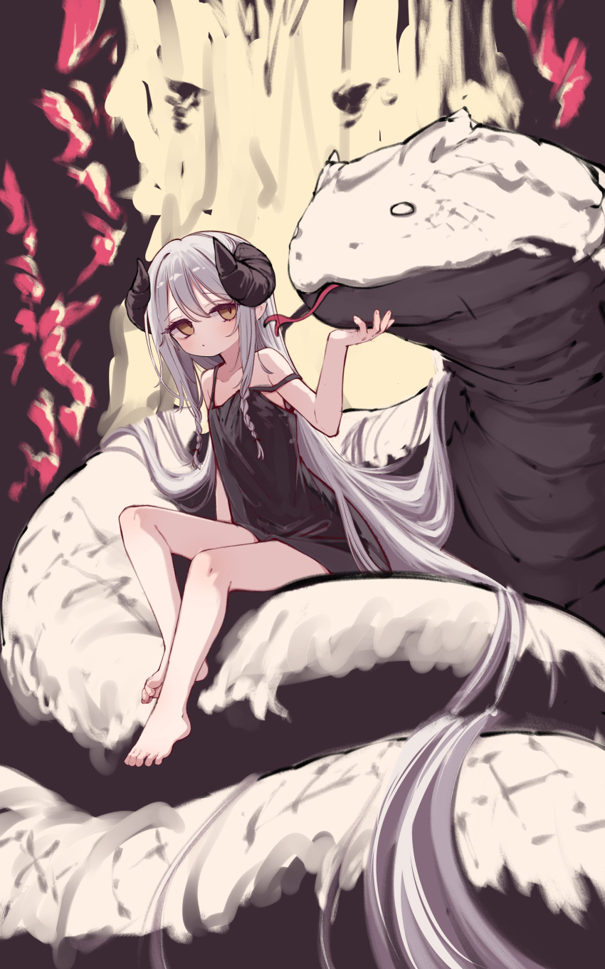 Safebooru - 1girl absurdres bare shoulders barefoot black dress braid demon girl dress ...