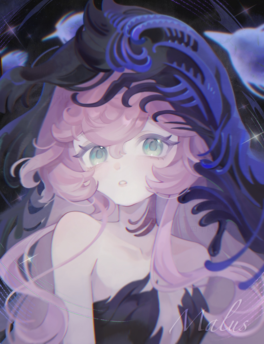 Safebooru - 1girl :o absurdres aqua eyes artist name bare shoulders black dress black veil blue ...