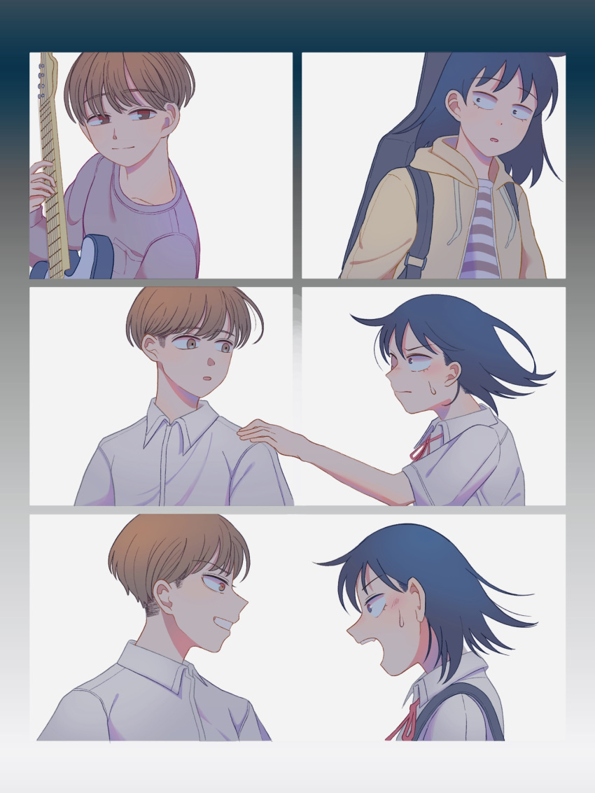 Safebooru - 1boy 1girl blue eyes blue hair border bowl cut brown eyes brown hair collared shirt ...