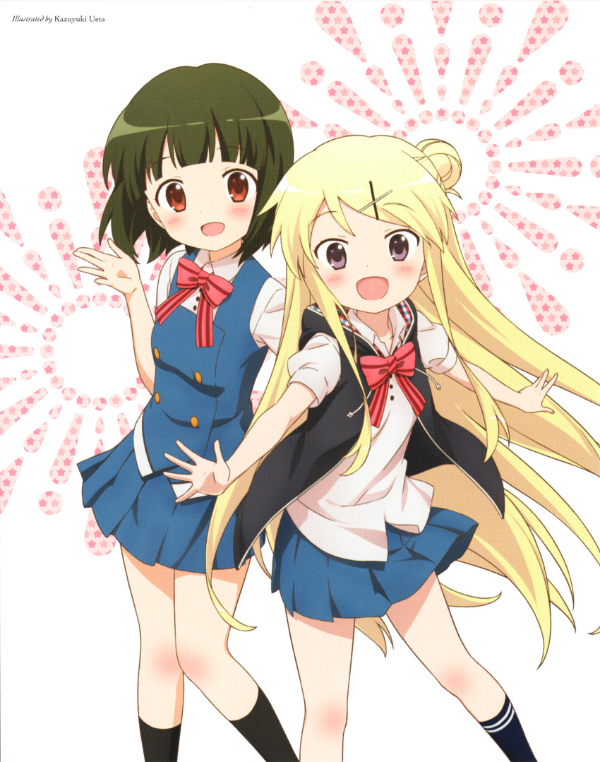 Safebooru - 2girls :d absurdres artist name black socks black vest blonde hair blue skirt blue ...