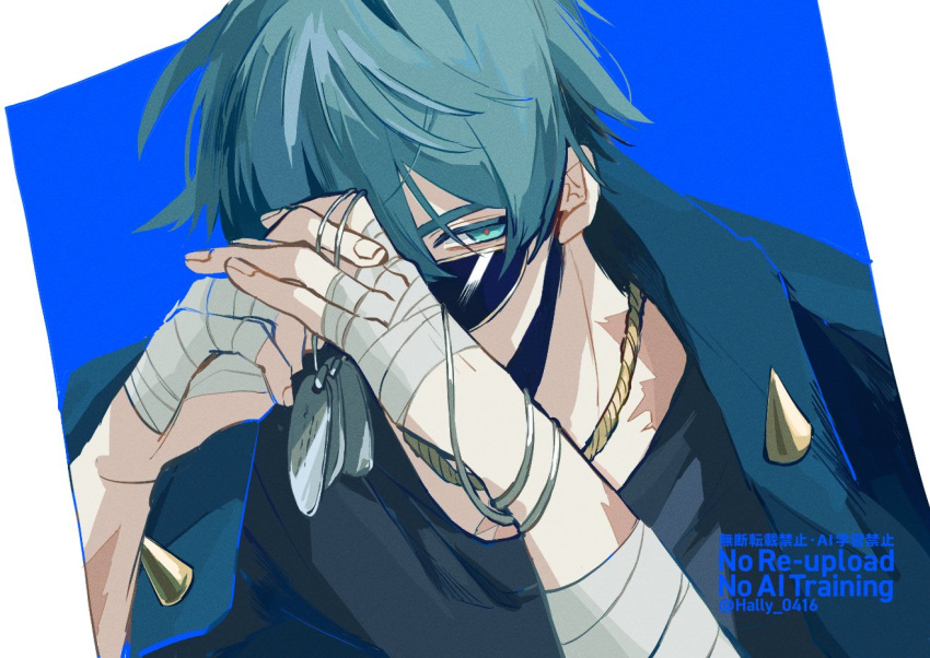 Safebooru - 1boy artist name bandaged arm bandaged hand bandages black shirt blue background ...