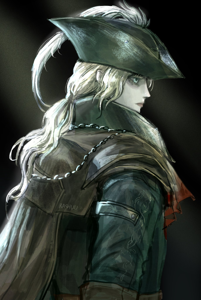 Safebooru - 1girl artist name ascot black background black hat black jacket blonde hair blood ...