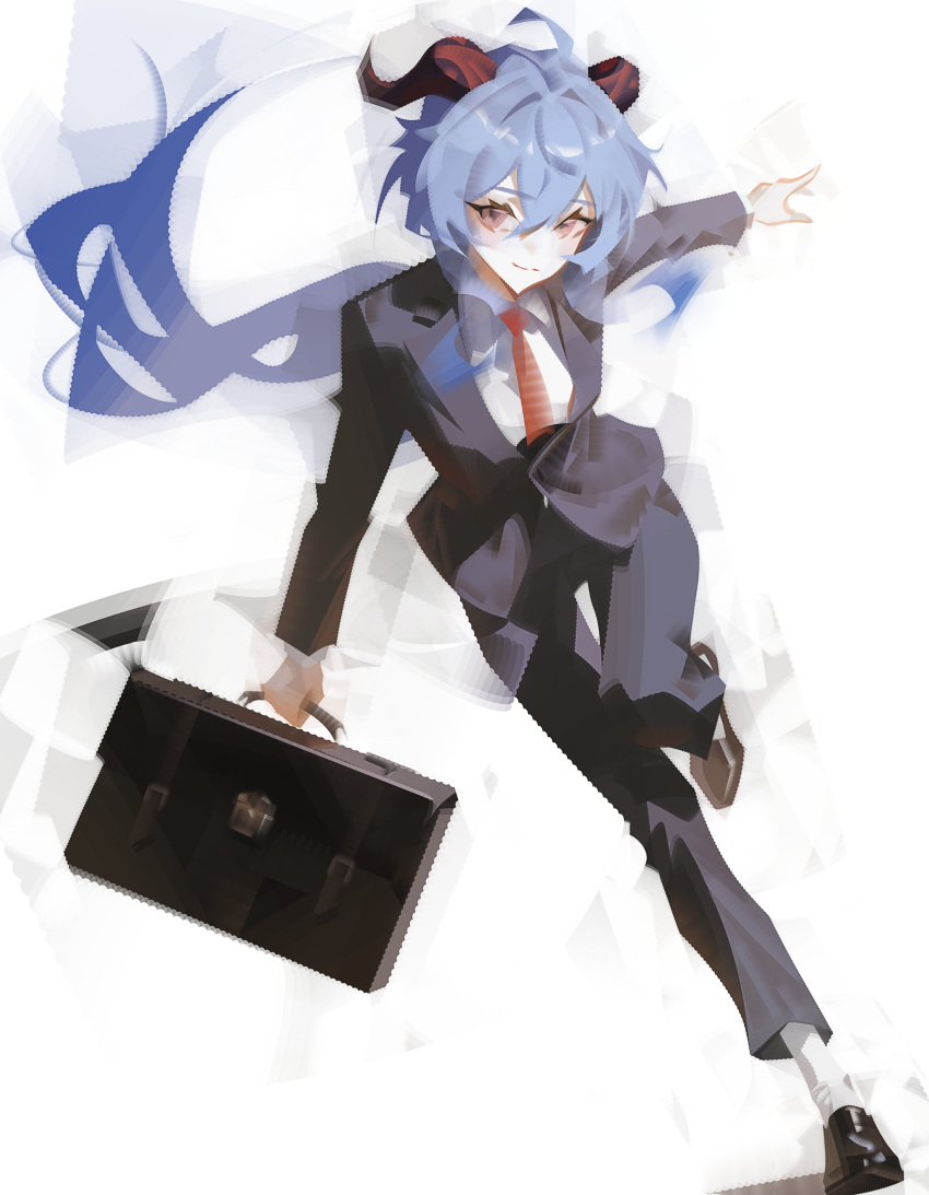 Safebooru - 1girl absurdres alternate costume black suit blue hair briefcase brown eyes closed ...