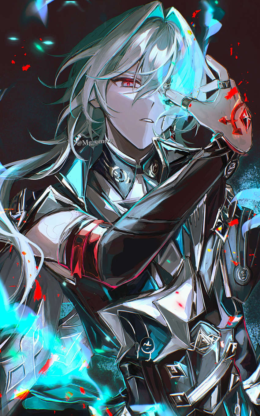 Safebooru - 1boy absurdres anaxa (honkai: star rail) aqua hair black jacket blue fire eyepatch ...