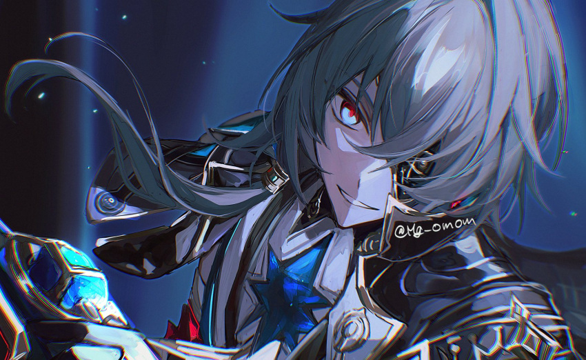 Safebooru - 1boy anaxa (honkai: star rail) aqua hair black jacket eyepatch grin hair between ...