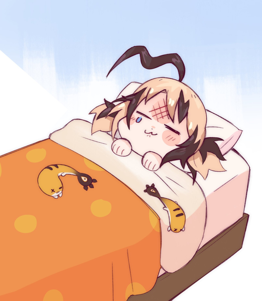 Safebooru - 1girl :3 = = ahoge bed blush stickers brown hair commentary ...