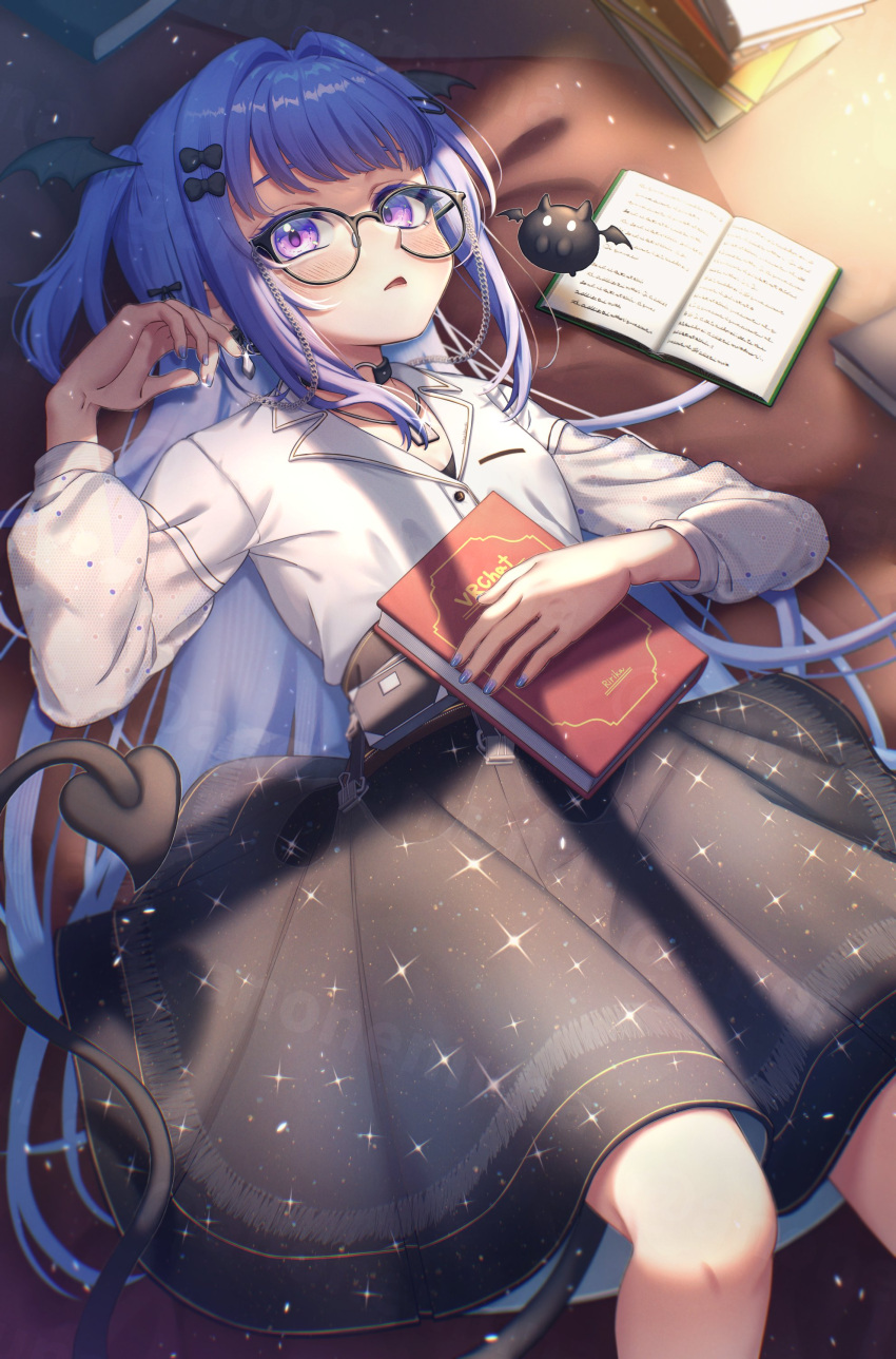 Safebooru - 1girl absurdres anonemuna black-framed eyewear black bow black skirt blue hair blush ...