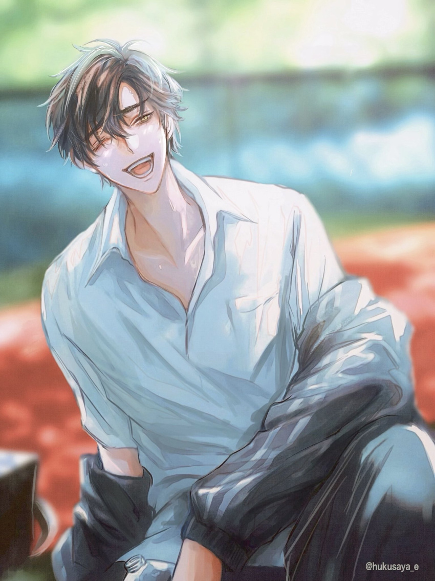 Safebooru - 1boy ;d black hair black jacket black pants blurry blurry background bottle brown ...