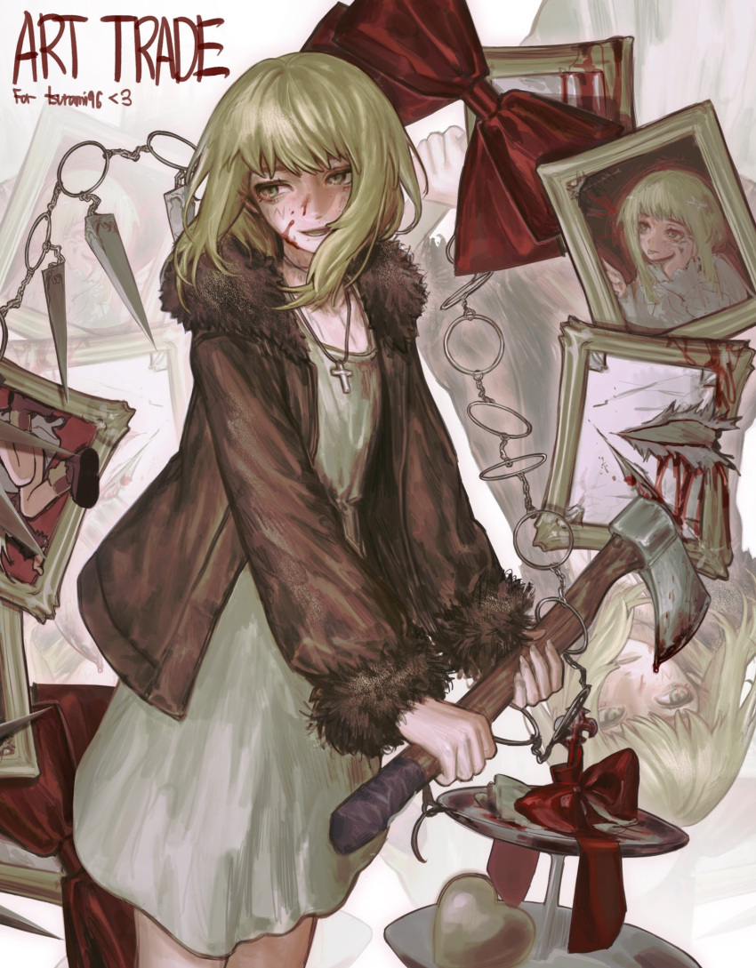 Safebooru - 1girl art trade axe blonde hair blood blood on face bow ...