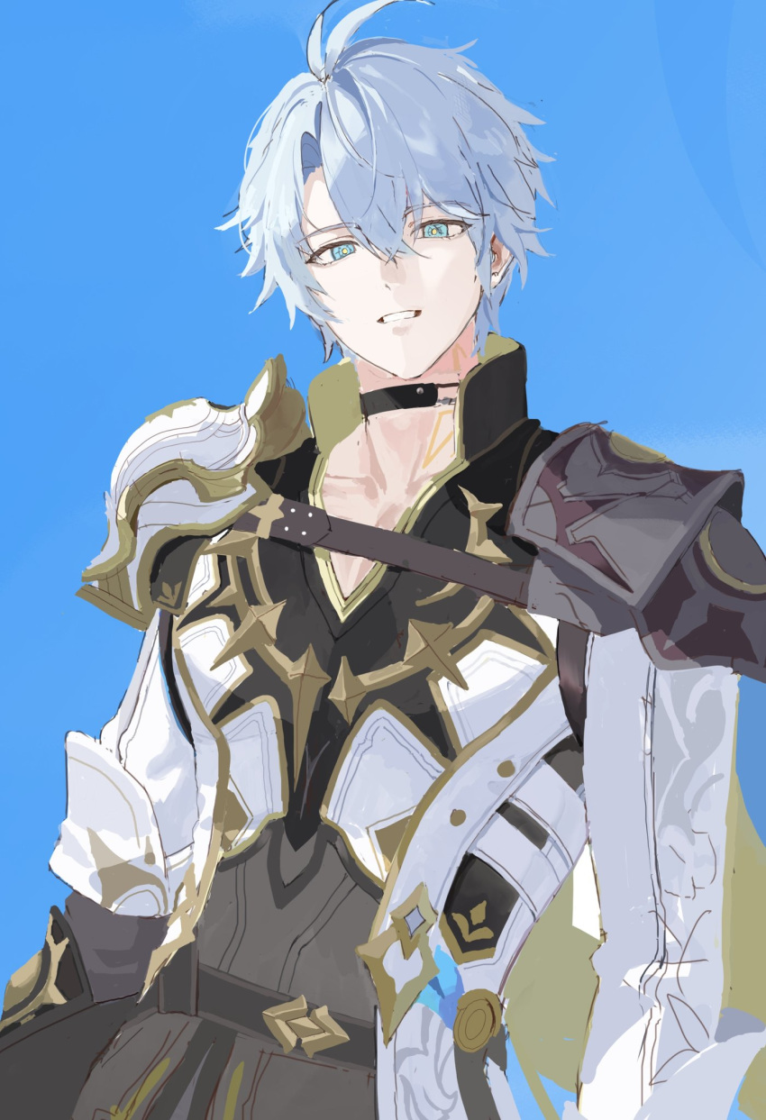 Safebooru - 0980kj 1boy aqua eyes armor black choker blue background choker collarbone grey hair ...