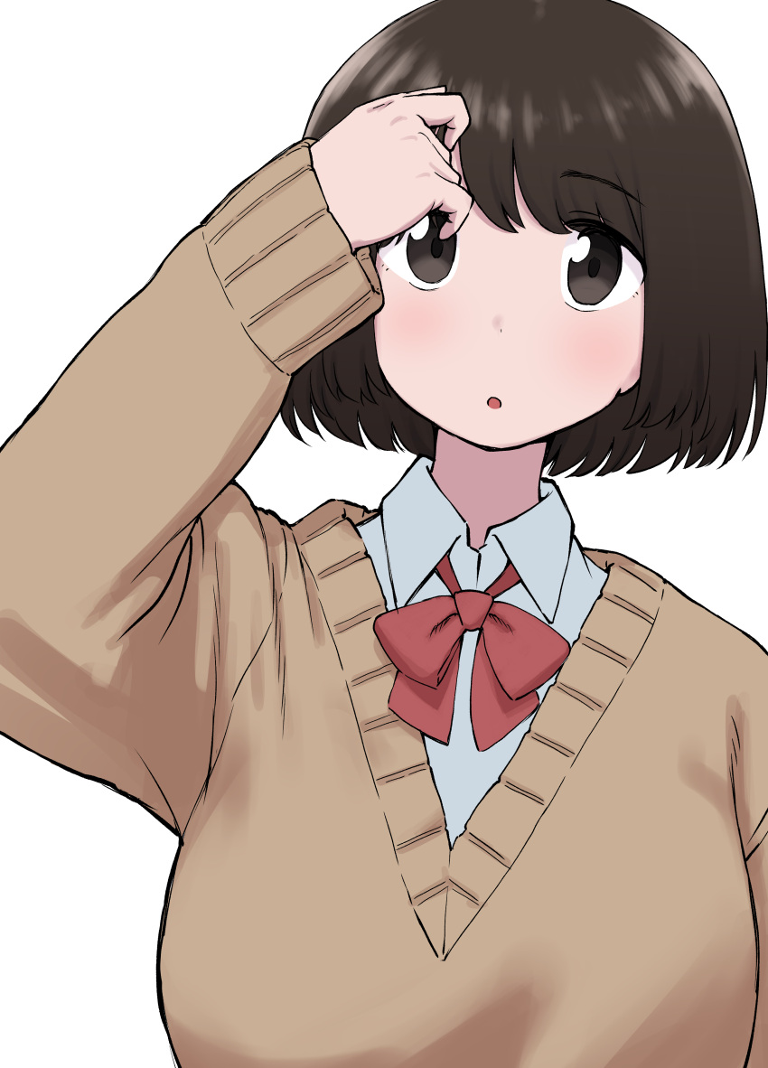 Safebooru - 1girl :o absurdres adjusting hair arm up black hair blush bob cut bow bowtie breasts ...