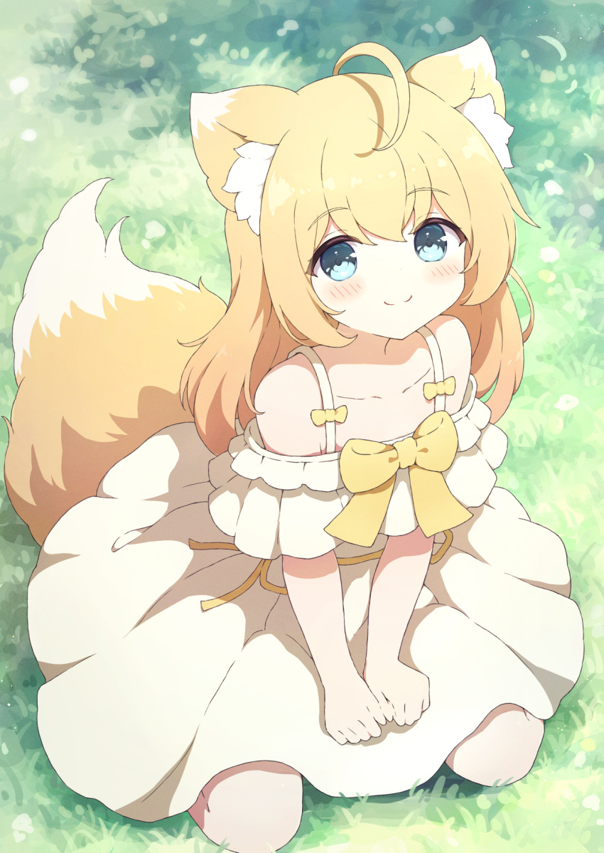 Safebooru - 1girl ahoge animal ear fluff animal ears bare shoulders blonde hair blue eyes bow ...