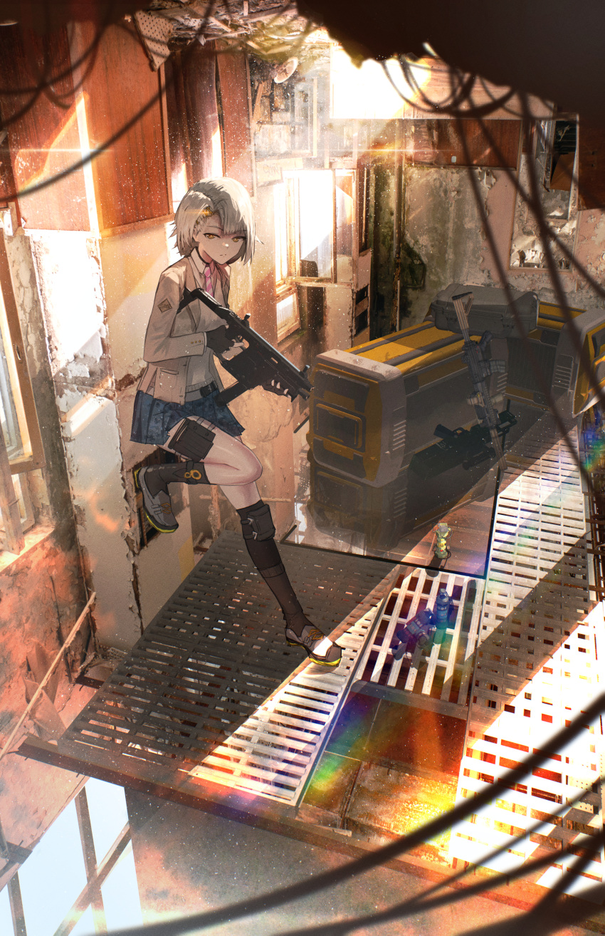 Safebooru - 1girl absurdres advarcher against wall assault rifle black socks blue skirt cardigan ...