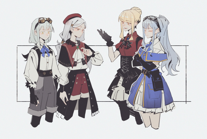 Safebooru - 4girls arm at side arms at sides ascot asymmetrical sidelocks aviator goggles bang ...