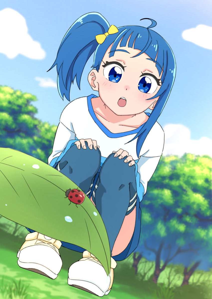 Safebooru - 1girl absurdres blue eyes blue hair blue shirt blue skirt blue sky blue thighhighs ...