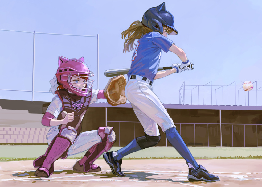Safebooru - 2girls ball baseball baseball (object) baseball bat baseball helmet baseball mitt ...