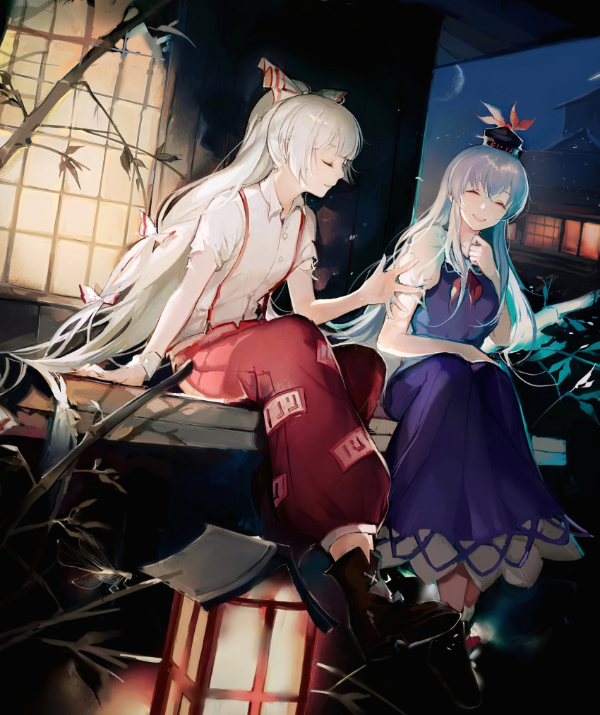 Safebooru - 2girls absurdres bamboo black shoes blue dress blue hair bow closed eyes crescent ...