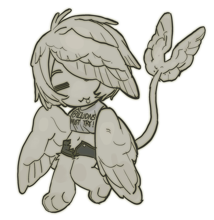 Safebooru - 1girl :3 animal feet closed eyes cropped shirt feather hair ...